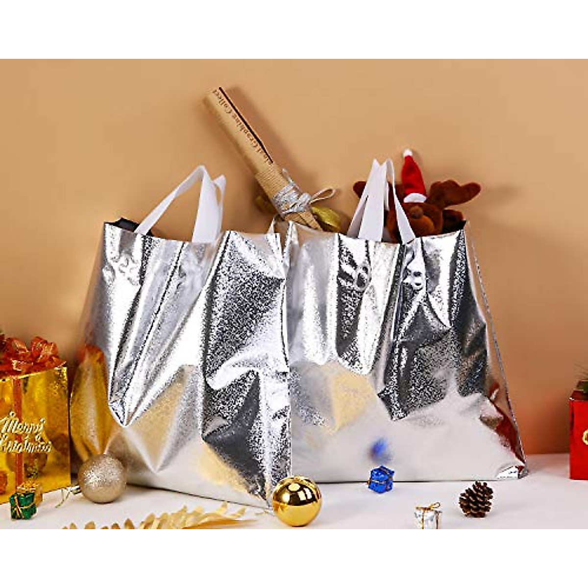 Gesodant Merchandise Bags,Retail Clothing Grocery Boutique Shopping Bags with Handles,Gift Bag, Size 15.7" x 14.2", Set Of 50 - Silver