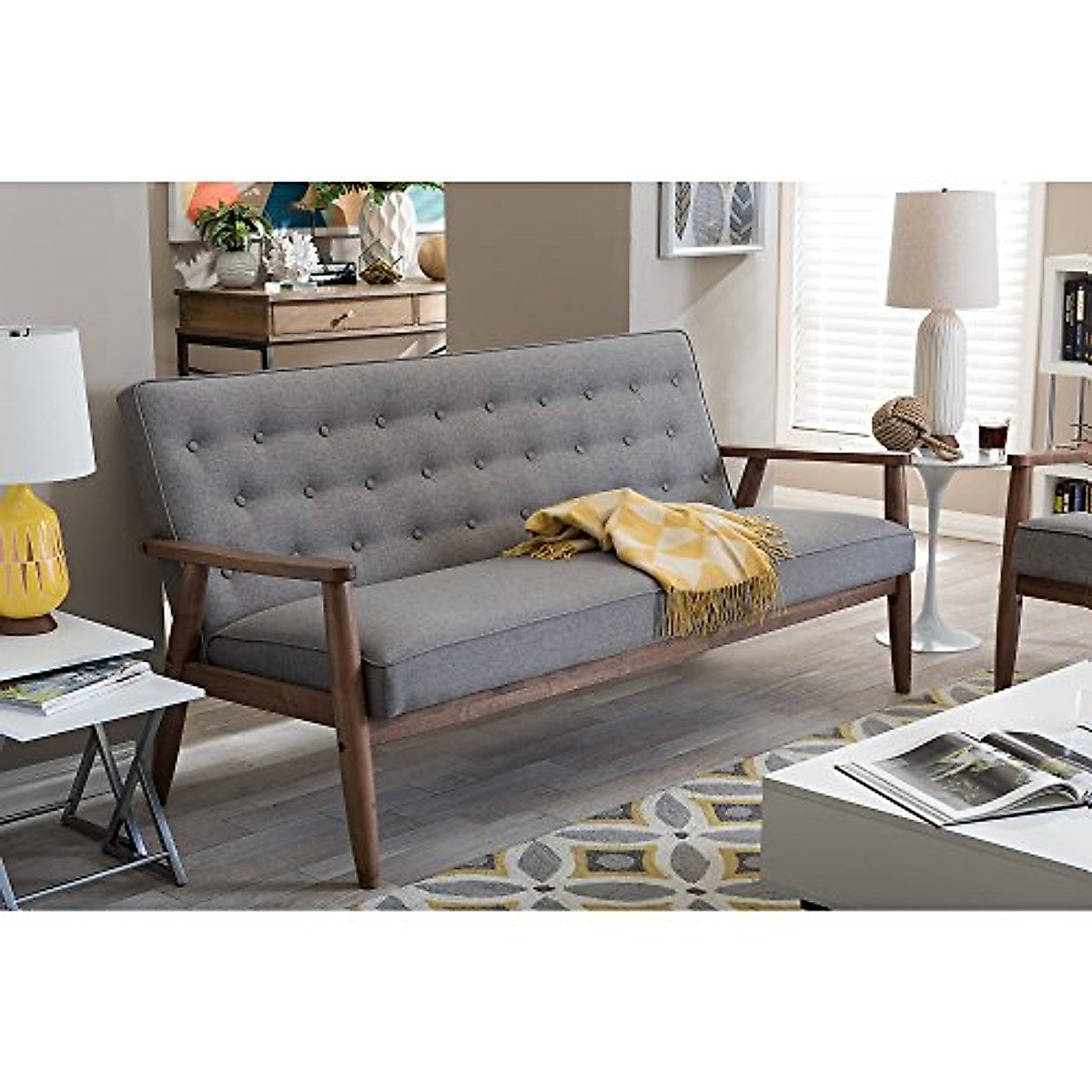 Baxton Studio Sorrento Mid-Century Retro Modern Fabric Upholstered Wooden 3-Seater Sofa, Grey 70.59 x 29.45 x 32.96