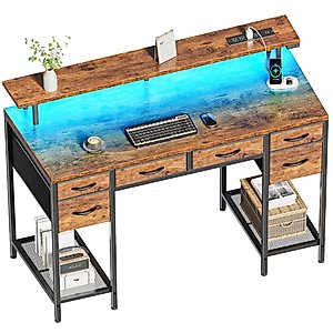 Huuger Computer Desk with Power Outlets and LED Lights, 47 Inch Gaming Desk with 6 Drawers, Office Desk with Monitor Stand, Writing Desk Work Desk, Mesh Shelves, Rustic Brown
