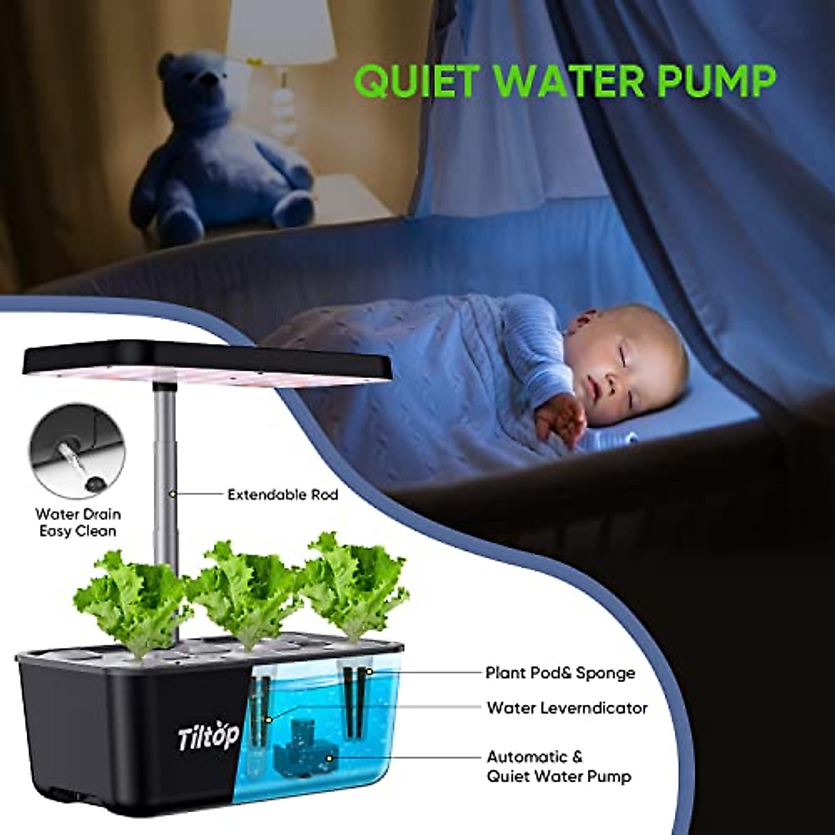 TILTOP Hydroponics Growing System 8 Pods Indoor Herb Garden with LED Grow Light, Height Adjustable Plant Germination Kit Indoor Grow Kit Countertop Garden with Automatic Pump & Timer Black