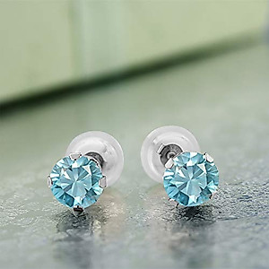 Gem Stone King 14K White Gold Blue Zircon Stud Earrings For Women | 1.00 Cttw | Round 4MM