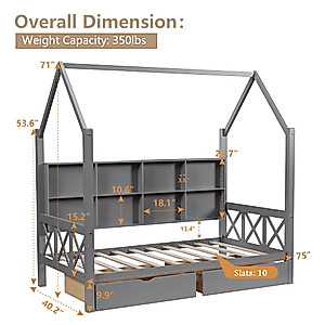 Bocarali Twin Bed Frame for Kids, House Bed with 2 Drawers, Platform Bed with Headboard and Wood Slats, Montessori House Bed with Fence for Boys Girls, 74.4" L x 40.2" W x 71" H, Gray