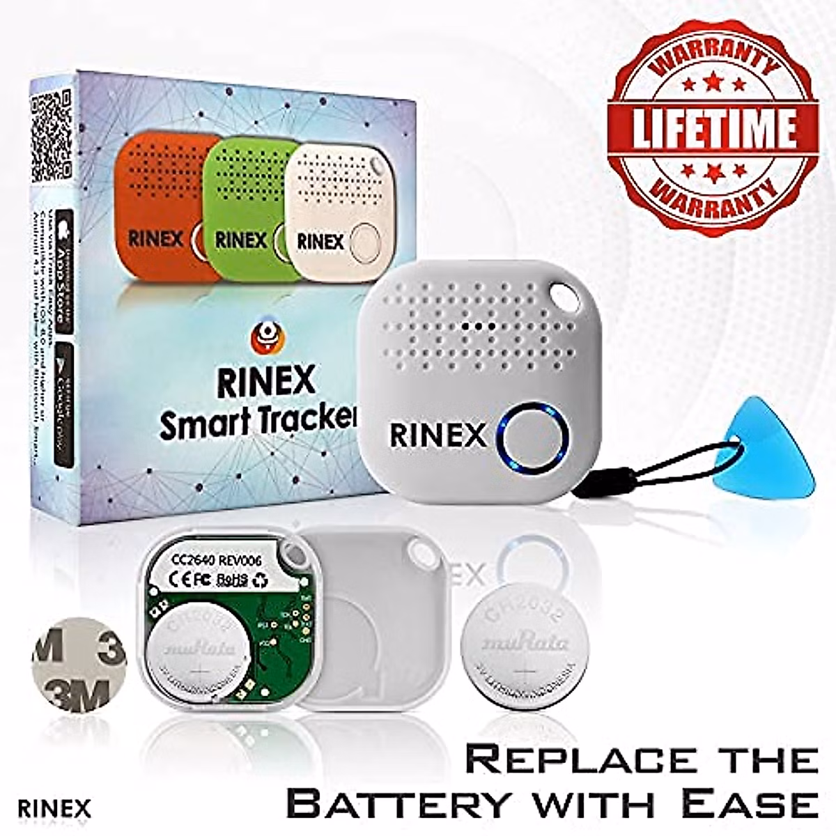 Bluetooth Key Finder – Key Locator Device with App, Siri Compatibility, & Extra Battery – Anti-Lost Keychain Tracker Device for Phone by Rinex- 2 Pack & Green and White