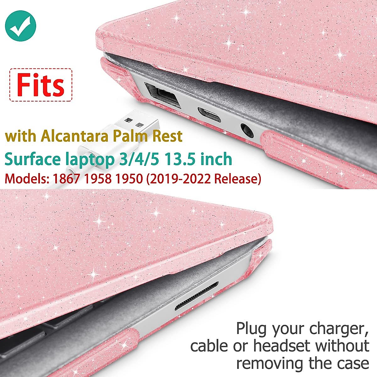 May Chen Case for 13.5" Microsoft Surface Laptop 3/4/5 with Alcantara Palm Rest Model 1867 1958 1950 (2019 2021 2022), Plastic Hard Shell Case with Keyboard Cover + Screen Protector, Pink Glitter