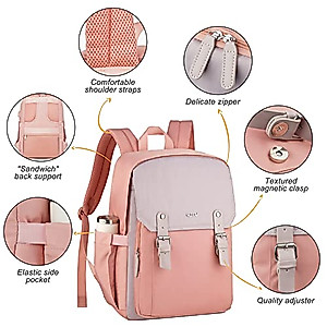RJEU Girls Backpack for School,15.6in Laptop Backpack School Bag for College Middle High School Student Teenager,Cute Bookbag for Women,Pink Gray