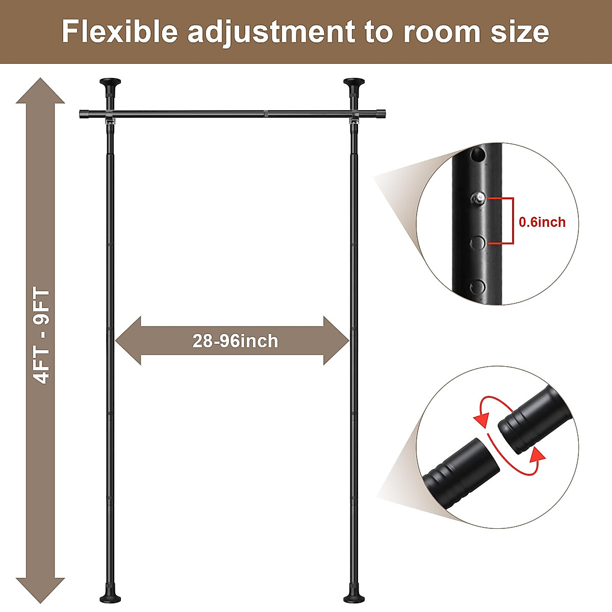 Room Divider Curtain Rod - No Drilling Partition Room Dividers Wall,28-96inch(W) 4-9ft(H),Heavy Duty Metal Tension Curtain Stand for Studio Apartment Room Separation,Portable Room Separator,Black
