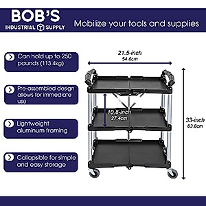 BISupply Fold Up Rolling Cart - 3 Tier Push Cart Collapsible Utility Carts with Wheels for Office, Warehouse, and Home