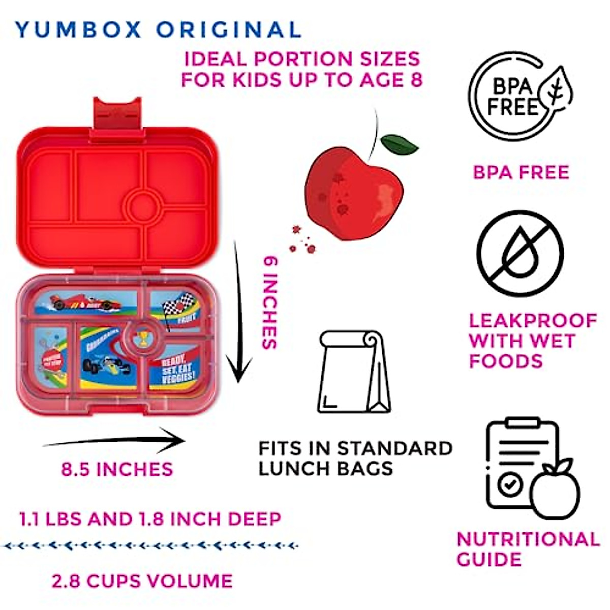 Yumbox® Original Leakproof Bento Lunch box for Kids, 5 Compartments + Dip Well, Easy-Open Latch, Just Right Portions, Removable Illustrated Tray (Roar Red - Race Cars), Ages 3-7
