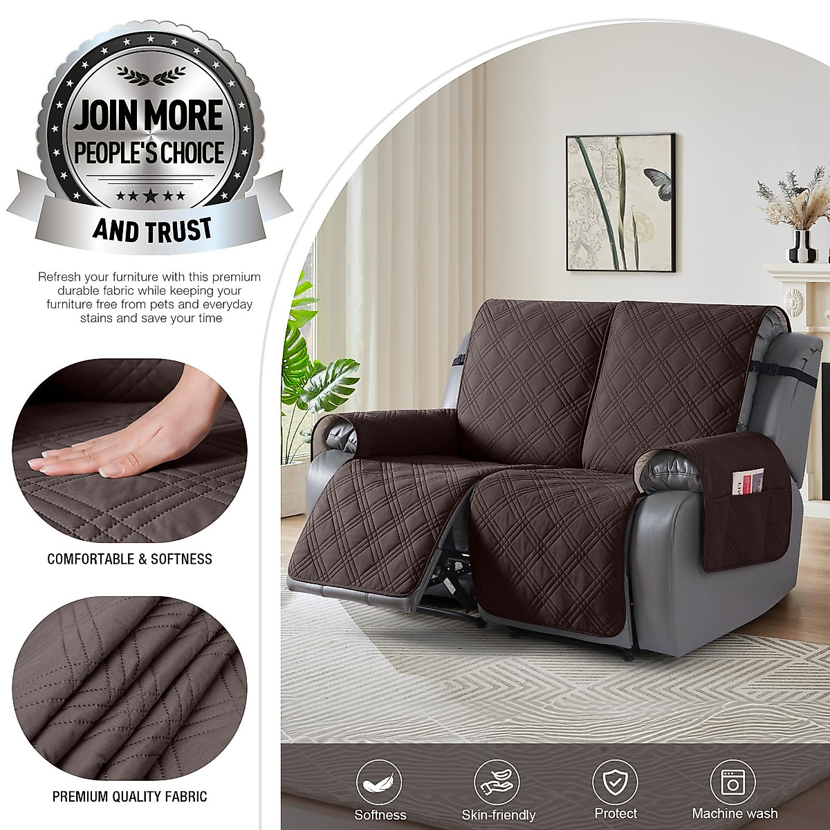 TAOCOCO 100% Waterproof Loveseat Recliner Cover, Non Slip Split Loveseat Covers for Reclining Loveseat with Elastic Straps, Washable Recliner Chair/Furniture Protector for Pets(2 Seater, Chocolate)