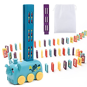 O WOWZON 3 in 1 Automatic Domino Train Toy-140 PCS Building and Stacking Electric Running Toys Light & Sound Trains, Colorful Fun Stickers and Chess Game,Storage Bag,Gift for Boys Girls kids