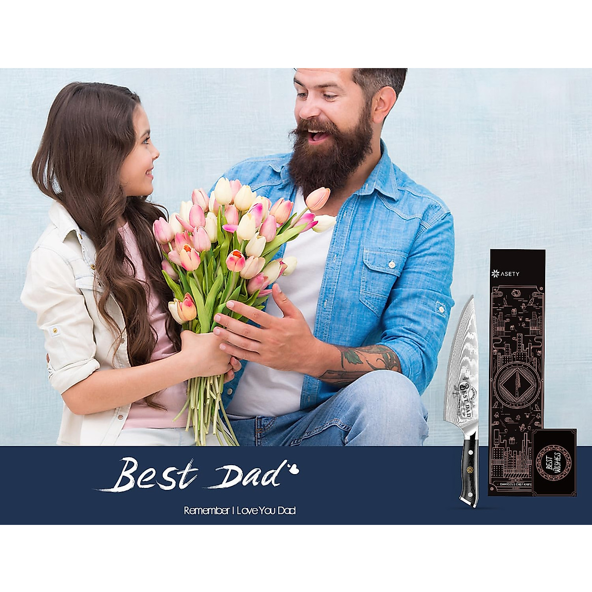 ASETY Men Gifts, Damacus Chef Knife, Gifts for Dad, Birthday Gift from Daughter Son Kids, Full Tang G10 Handle, Christmas, Thanksgiving Best Dad Ever Father Gifts