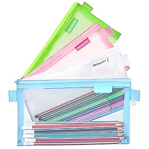 Darolin [Upgraded [4 Pack] Pencil Case, Clear Mesh Zippered Pencil Bag Pouch, Pen Case Organizer Storage, Portable Stationery Pouch for School College Office Supplies, Cosmetics Makeup Bag - B