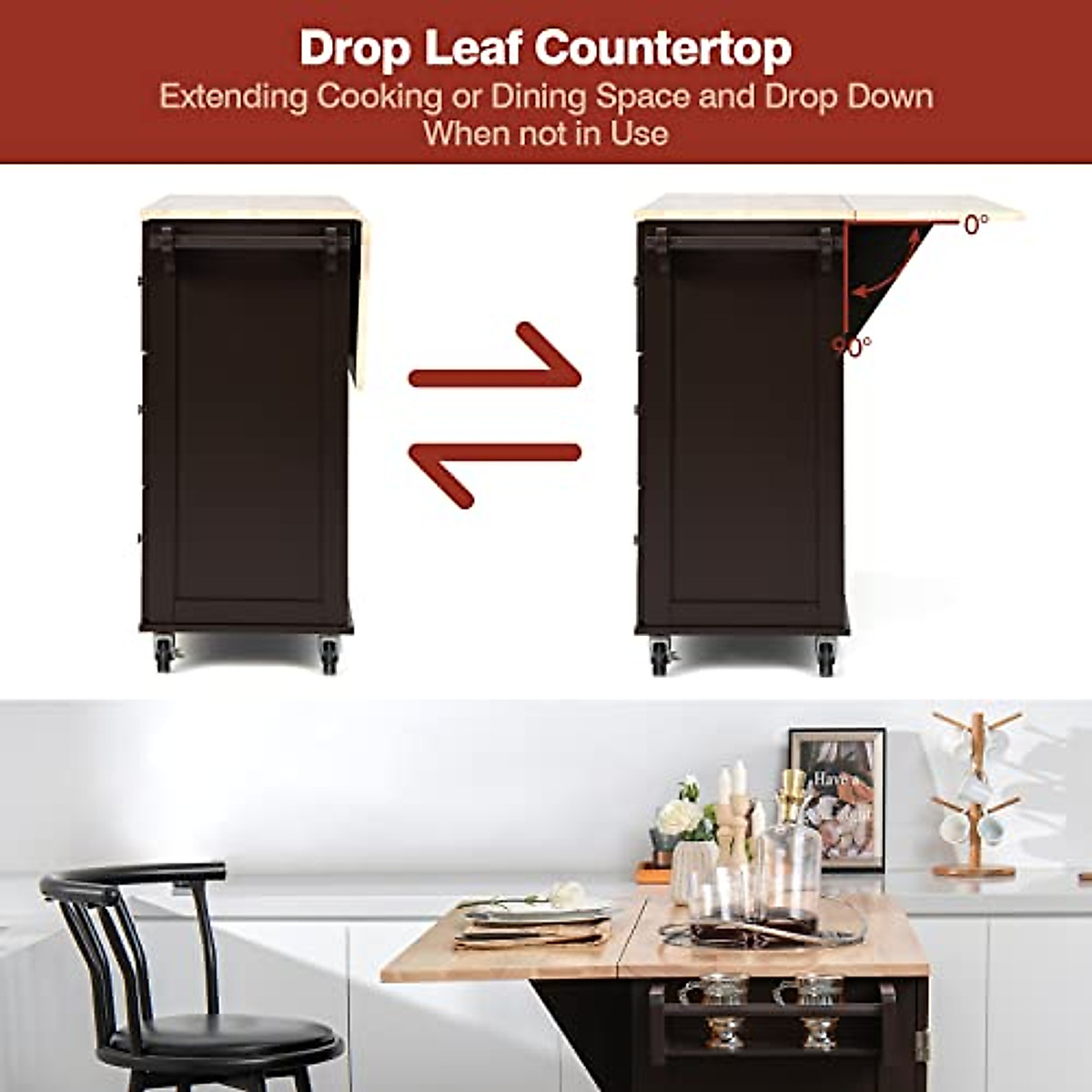 GOFLAME Kitchen Island Cart with Drop Leaf, Rolling Kitchen Cart on Wheels with Rubber Wood Top, 3 Drawers, Towel & Spice Rack, 2-Door Cabinet, Serving Trolley Cart for Kitchen Dining Room (Brown)