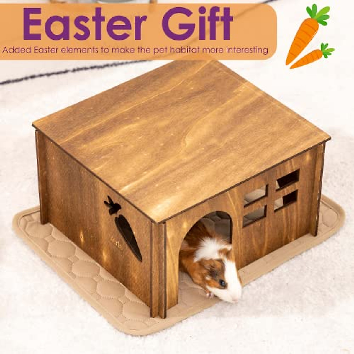 Guinea Pig Hideout and House with Liners, Easter Guinea Pig Accessories 2 Doors & Bottomless Wooden Hut with Washable Pee Pad Warm Room Retro Habitat Enclousure for Hamster Chinchilla Guinea Pigs