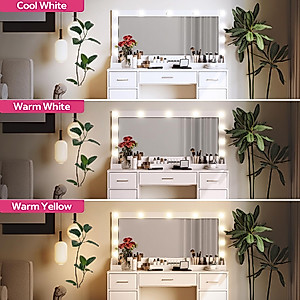 MIRROTOWEL 47.5” Vanity Desk with Large Mirror, 3 Colour Lighting Modes, Adjustable Brightness, Dresser with 3 Drawers & 2 Vertical Cabinets, Makeup Vanity Table for Women Girls White