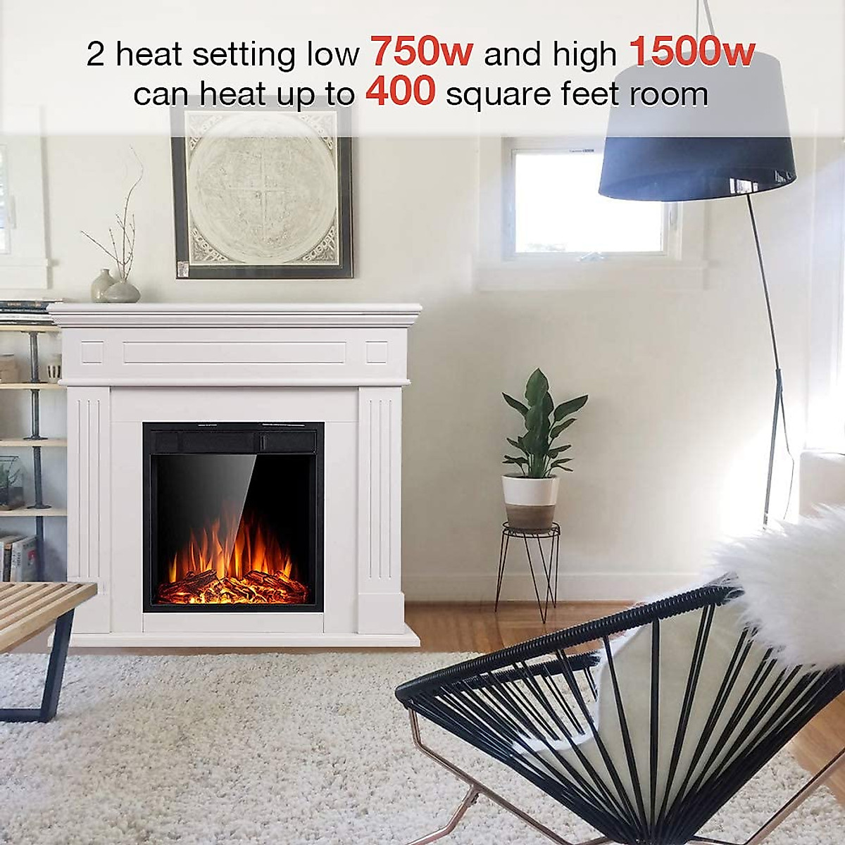 Joy Pebble 36'' Wood Electric Fireplace Mantel Package Freestanding Heater Corner Firebox with Log Hearth and Remote Control,750-1500W (Ivory White)