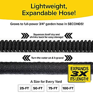 Pocket Hose Silver Bullet 50 ft Turbo Shot Nozzle Multiple Spray Patterns Expandable Garden Hose 3/4 in Solid Aluminum Fittings Lead-Free Lightweight and No-Kink,Black