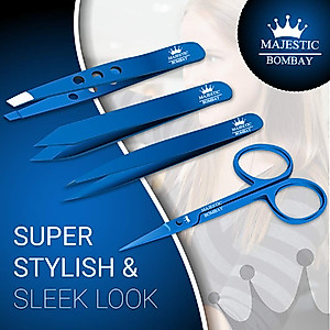 Precision Personal Grooming Set Professional Quality Stainless Steel Luxury Tweezers + Nail Scissor in Titanium Blue Perfect for Ingrown Hair, Eyebrow Hair, Nose and Facial Hairs Great for Splinters