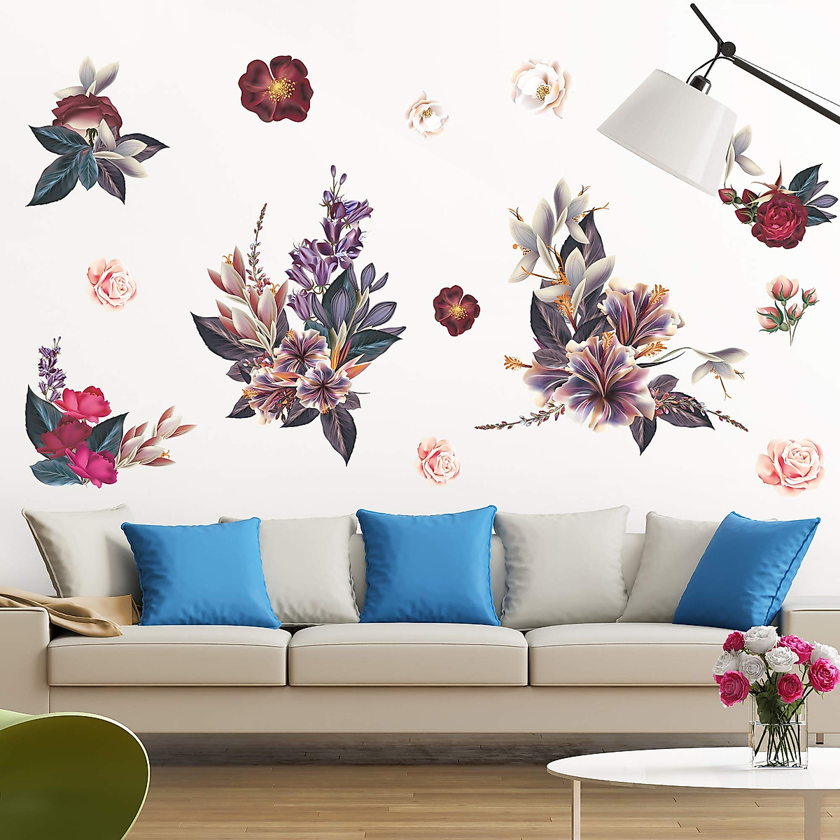 RAINBOW WSK Flowers Peonies Wall Decal Peel and Stick Elegant Pink Red Rose Wall Sticker for Girls Room Tropical Flower Plants Wall Decor Vintage Modern Home Wall Art for Living Room Kitchen Office