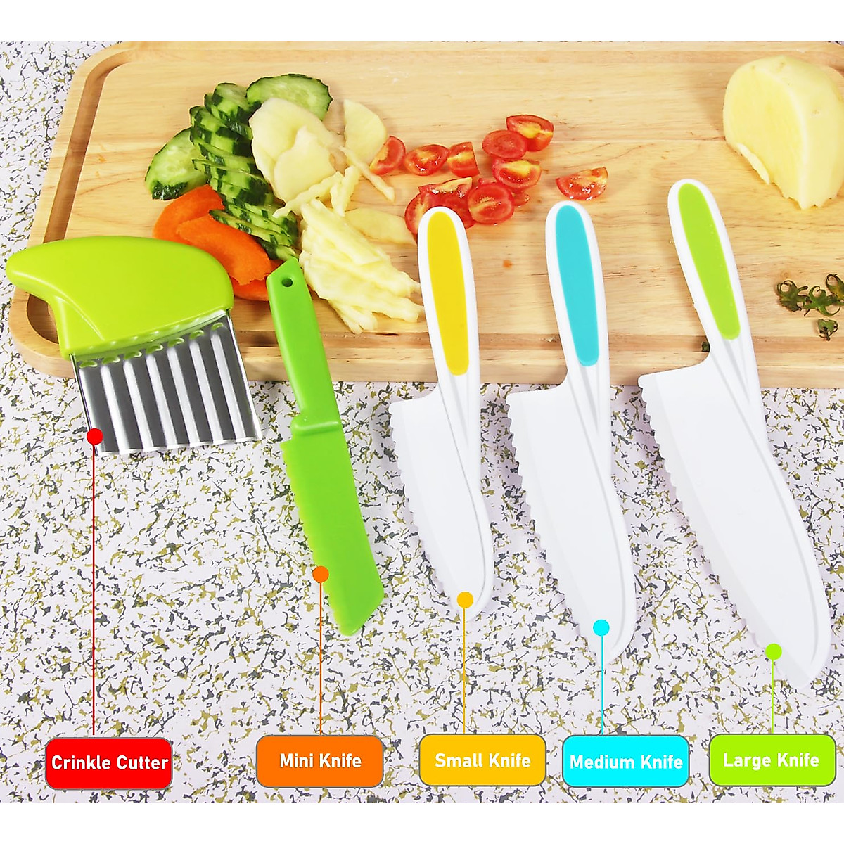 Kids Knife Set 5 Pcs Toddler Safe Knives Plastic Child Friendly Knife with Crinkle Cutter BPA-Free Serrated Edges Kitchen Tools for Real Cooking and Cutting Lettuce Board Sandwich