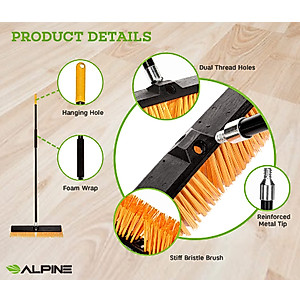 Alpine Industries Push Broom Heavy Duty Smooth Surface Broom Deck Scrubber Long Handle Commercial Floor Scrub Broom Cleans Dirt, Debris, Sand, Mud, Leaves and Water (Yellow, 18 in)