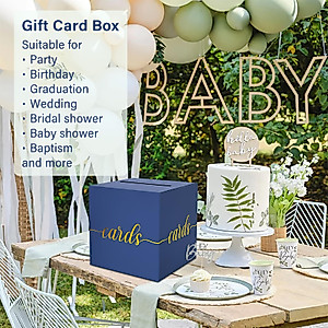 LIKAJON 1 Pack Navy Blue and Gold Foil Card Box for Party, 8.7" Navy Blue Gift Card Box Money Box for Birthday, Wedding, Baby Shower, Retirement, Anniversary, Bridal Shower, Raffle Ticket