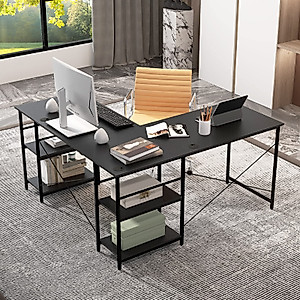 COSTWAY L-Shaped Corner Desk, Convertible Computer Desk with 4-Tier Shelves & 3 Cable Holes, Modern Gaming Writing Workstation, 95 Inch 2-Person Long Computer Desk for Home Office (Black)
