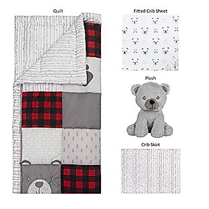 Sammy & Lou Up North 4-Piece Baby Crib Bedding Set, Includes Quilt, Fitted Crib Sheets Neutral, Crib Skirt, and Plush Toy