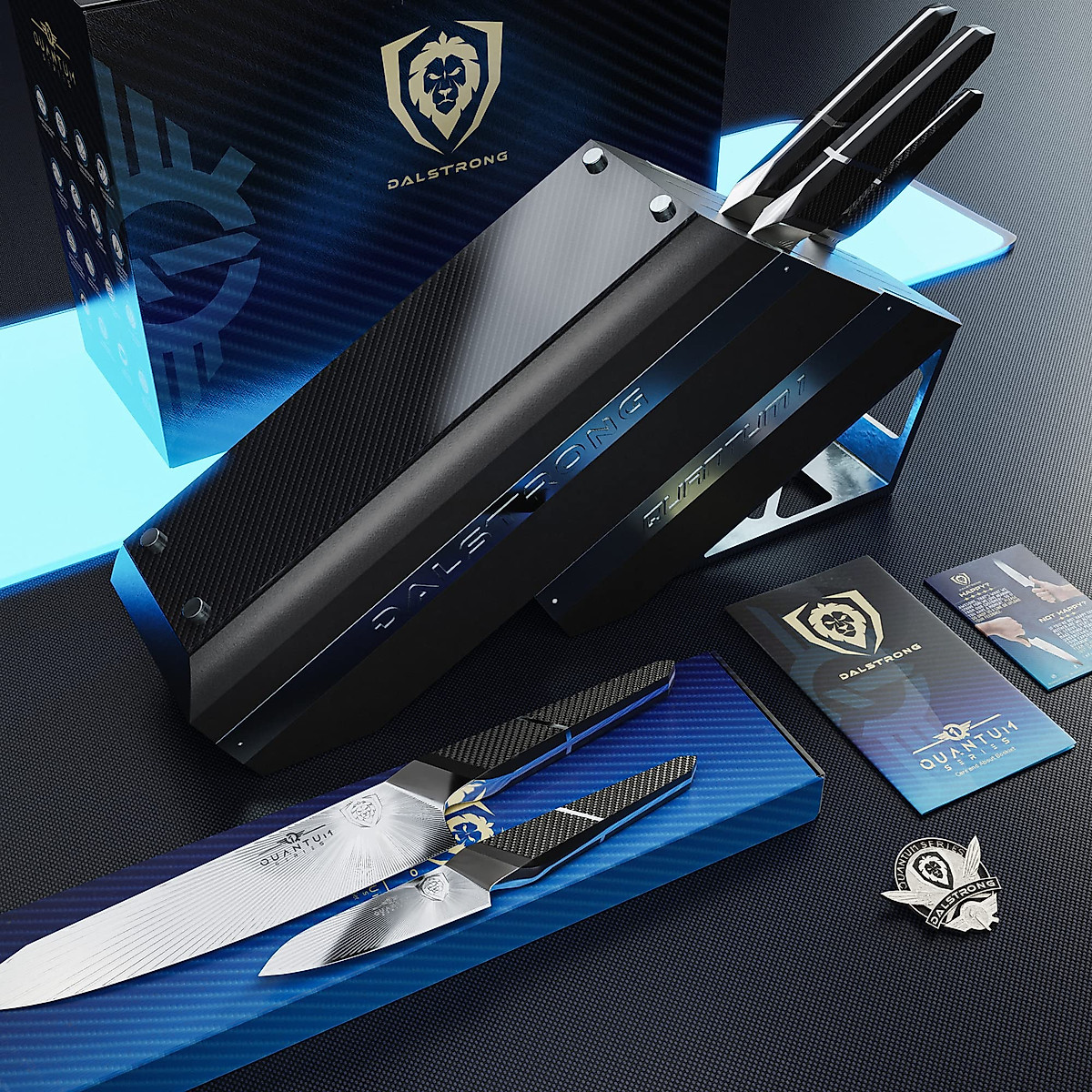 Dalstrong Knife Block Set - 5 Piece - Quantum 1 Series - American Forged BD1N-VX Hyper Steel - Carbon Fibre G10 Hybrid Handle - Professional Kitchen Set - Knife Set