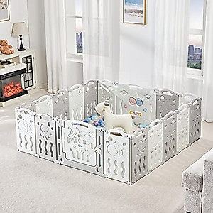 Albott Baby Playpen, Upgraded 18 Panels Foldable Baby Fence with Game Panel and Safety Gate, Adjustable Shape, Portable Baby Play Yards for Children Toddlers Indoors or Outdoors (18 Panel, White+Grey)