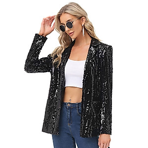 Women Long Sleeve Sequin Blazer Casual Open Front Sparkly Jackets for Party with Pockets Black S