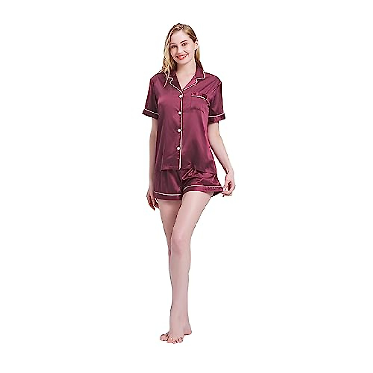 Pure as a lotus Women Sleepwear Sets Silk Pajamas Set Loungewear Button-Down Two-piece Pj Sets Shorts Nightwear Set Red
