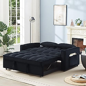 FANYE 3 in 1 Loveseat Pull Out Sleeper Bed, Compact 2 Seater Futon Adjustable Backrest Love Seat Sofa & Couch Convertible Sleep Daybed for Living Room Sofabed, Black Full W/Cupholders and USB Port