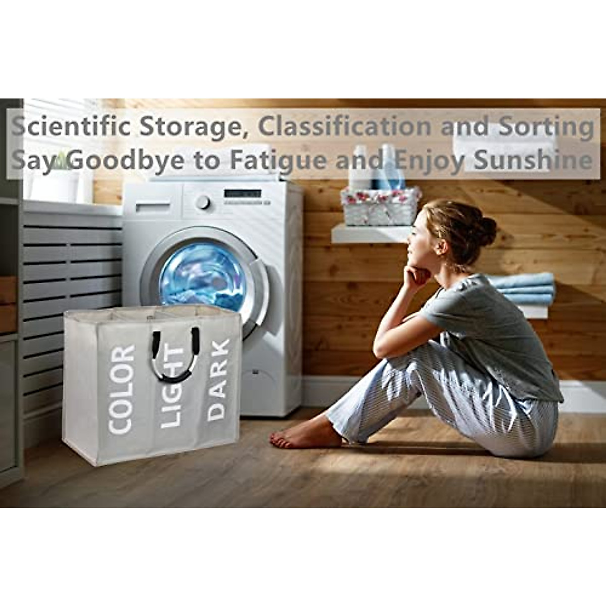 Slim Laundry Hamper 3 Section Sorter with Handles Large Capacity Foldable 19" Tall Waterproof Laundry Basket for Dirty Clothes Storage (light grey)