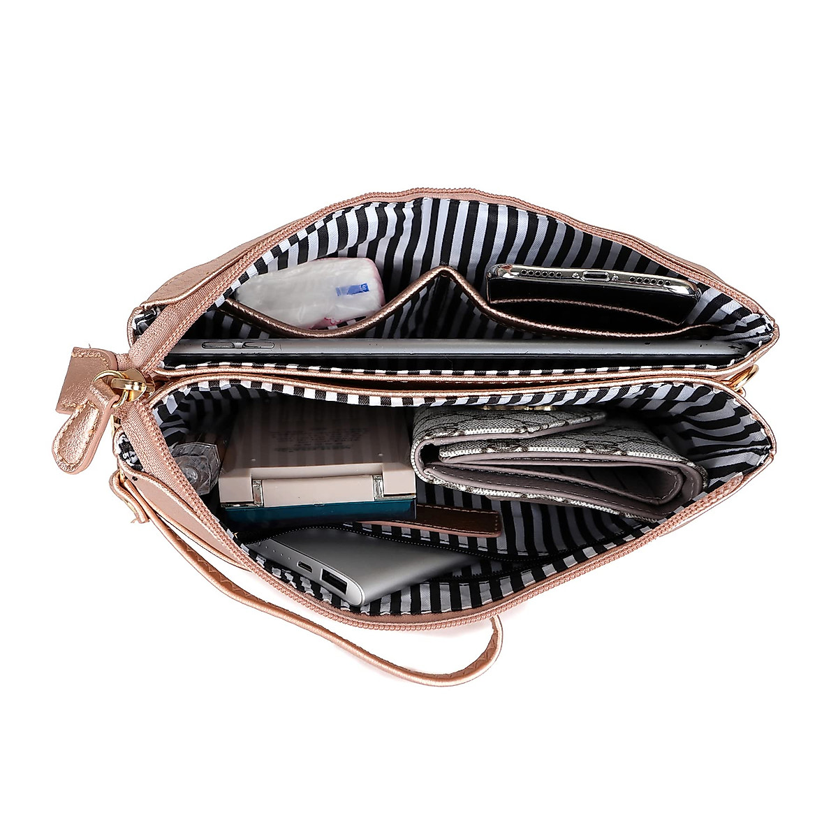 Women's Lightweight Multi Compartment Wristlet Clutch Wallet Crossbody Bag - (WU021-ROSE GOLD)