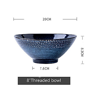 Threaded BowL 8" Ceramic Soup Bowl Ramen Bowl, Blue Thread Rice Bowl, Large Fruit Salad Bowl, Kitchen Tableware Cereal Bowl (Color : Blue2, Size : 8")