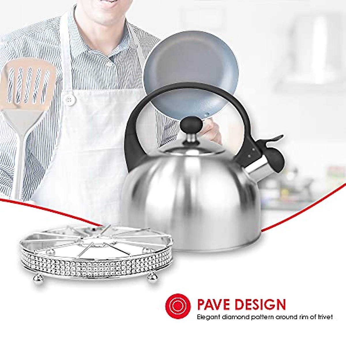 Home Basics Pave Round Non-Skid Trivet | Ornate Design | Diamond Band Around Base | Keep Counter Tops Safe from Scratches | Compact Size for Maximum Counter Space