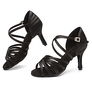 SWDZM Women's Latin Dance Shoes Open-Toe Silk Salsa Tango Ballroom Professional Practice Performance Dance Shoes,Heel-3 1/3'',WZSP2324 Black 8 US