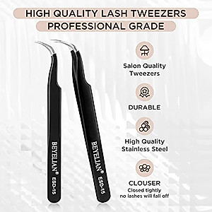 BEYELIAN Eyelash Extension Tweezers, Curved Tip Volume Lash Tweezers, Professional Lash Extension Tweezers, ESD-15