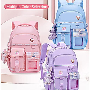 Myyunhx Backpack for Girls 17Inch Large Capacity Girl School Backpack for kid with Plush Cartoon Pendant and Decorative Card (Purple)