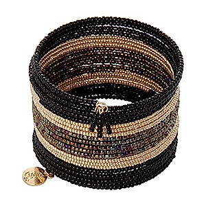 Coiris Multilayer Seed Beads Stretch Bracelets Tiny Beaded Stackable Strand Bangle for Women Girls（BR-1211-Black Gold Ancient Brown）