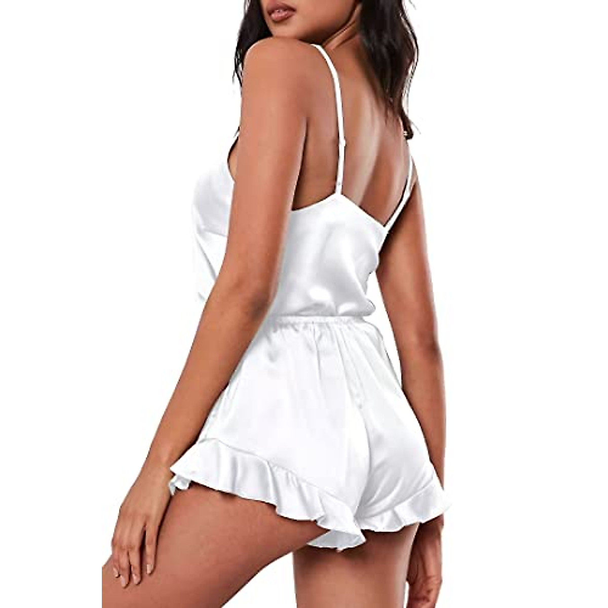 FOSHPOT Silk Pajamas for Women S-4XL Plus Size Satin Pajamas Women with Cami Top Ruffle Shorts Pjs Sets Bridal Gifts White