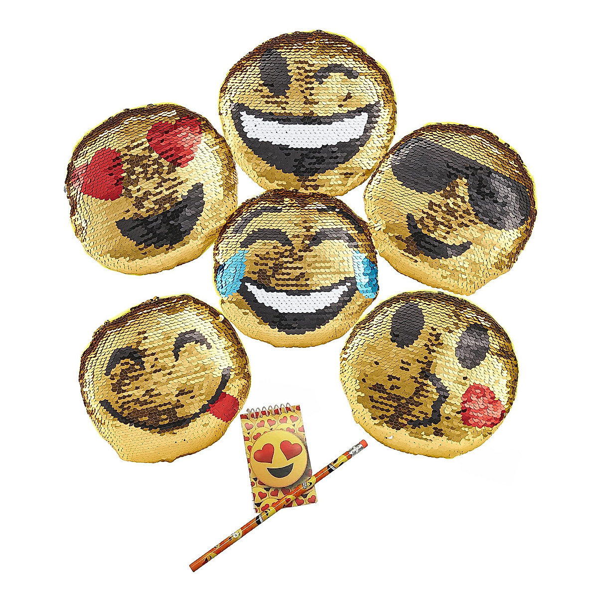 Flip Sequin Round Emoticon Mini Pillows, 5" - 5.5", Set of 6 Emotic Expressions Designs, Reversible Mermaid Sequins, Plus Emoticon Pencil and Emoticon Memo Notebook, Great Gift!