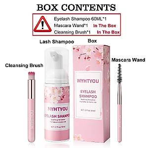 Eyelash Extension Cleanser, Upgraded Eyelash Extension Shampoo 60ML+Mascara Wand+Brush Eyelash Foam Cleanser For Extensions and Natural Lashes,Paraben & Sulfate Free, Salon and Home Use