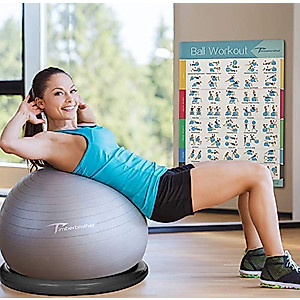 Timberbrother Exercise Ball Chair with Resistance Bands Workout Poster 16.5”x 22.4”,Stability Ball Base for Gym and Home Exercise(Black with Ring & Bands)