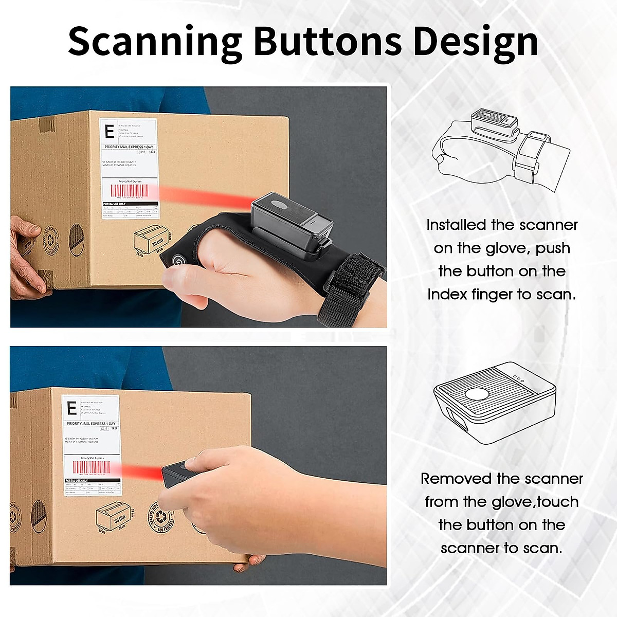 Posunitech Wearable Glove Barcode Scanner 1D 2D Finger Trigger 2.4G Wireless Barcode Reader TG01 Bluetooth Scanner Fast Scanning Comfortable Compatible with iPhone, Android, Tablet, Computer & iPad