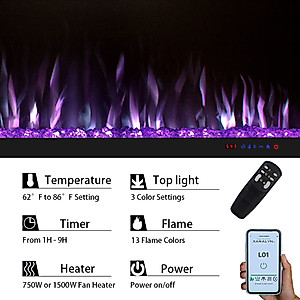 Masarflame 36" Recessed Electric Fireplace Insert, 5 Flame Settings, Log Set or Crystal Options, Temperature Control by Touch Panel & Remote, 750/ 1500W Heater