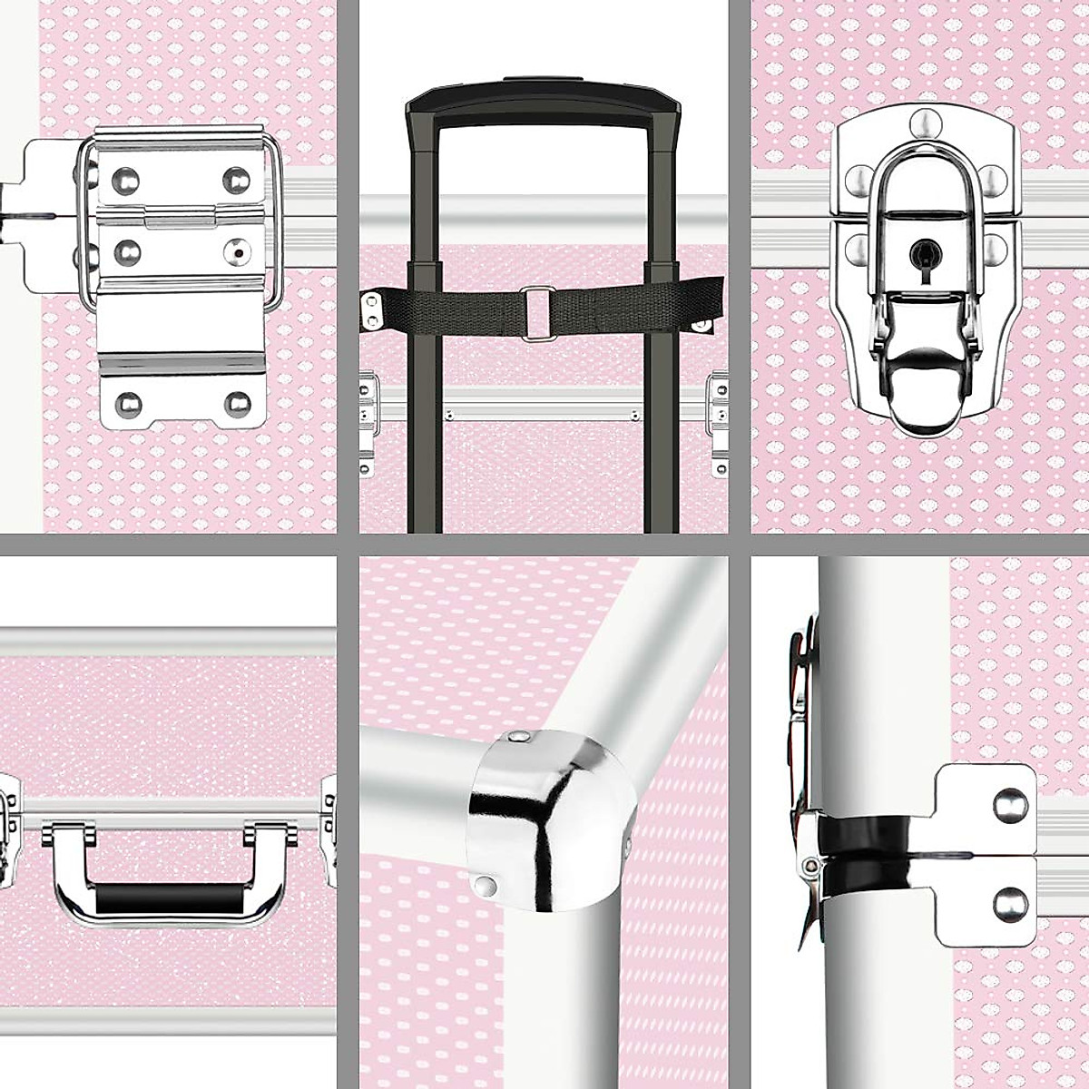 OUDMAY Makeup Case - 4 in 1 Professional Cosmetics Rolling Train Organizer with Aluminum Frame and Folding Trays Pink Diamonds