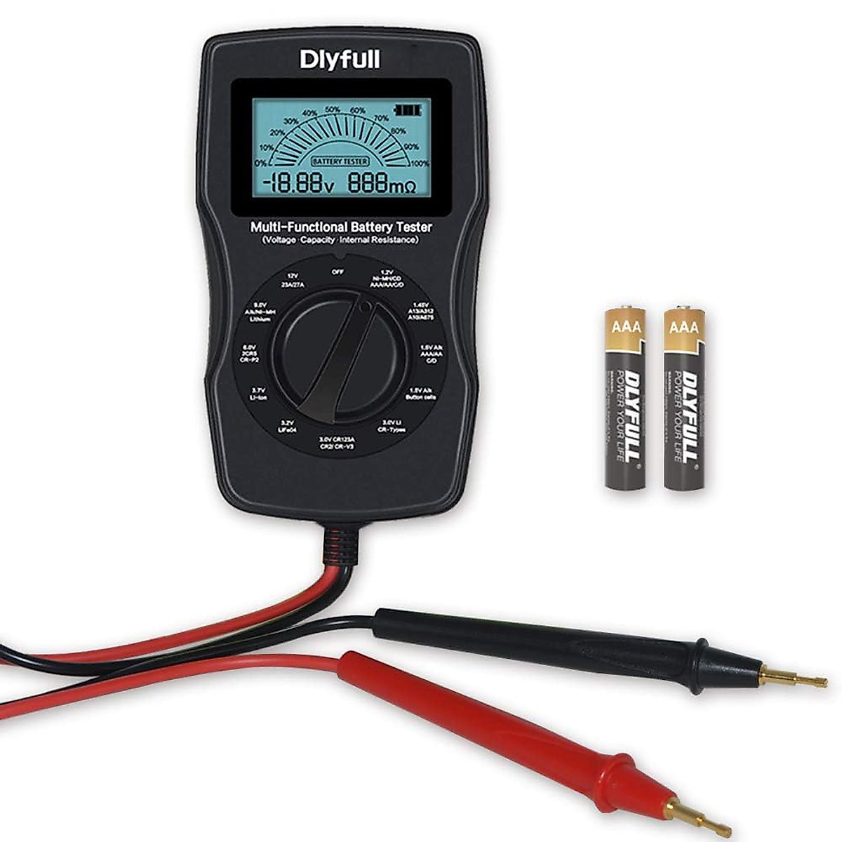 Dlyfull Universal Battery Tester with LCD Display, Small Digital Battery Voltage Resistance Checker for Ni-MH, Ni-CD, Li-ion, Alk & LiFe04 Batteries(AA AAA C D 9V 12V 18650 CR123A 2CR5 CR2032 Cells)