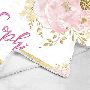Custom Blanket Personalized Blush Floral Gold Soft Fleece Throw Blanket with Name for Gifts Sofa Bed (50 X 60 inches)
